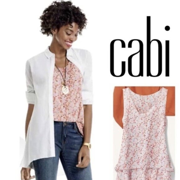 CAbi | Tops | Cabi Floral Print Bella 532 Sleeveless Tiered Hem Pink ...